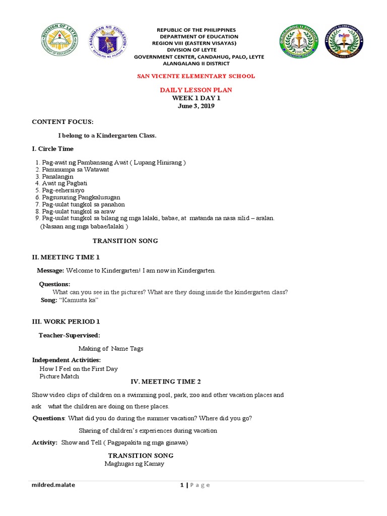 I Belong To A Kindergarten Class.: Daily Lesson Plan | PDF | Classroom | Behavior Modification