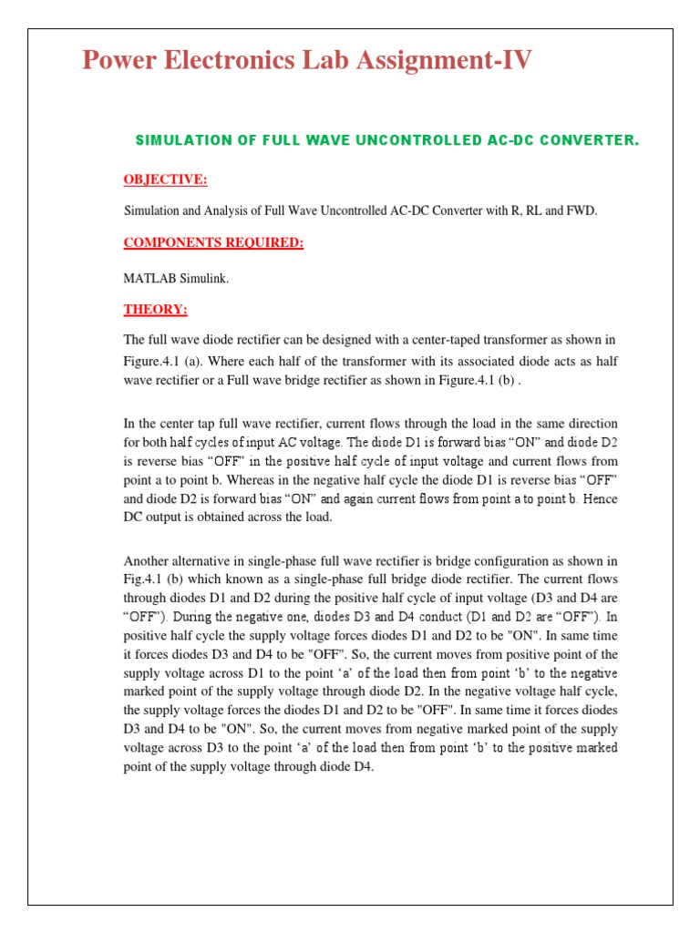 Power Electronics Lab Assignment-IV: Simulation of Full Wave Uncontrolled Ac-Dc Converter | PDF ...