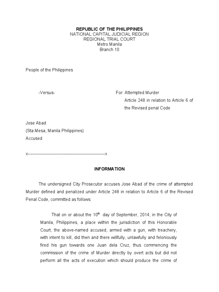 Sample Information For Attempted Murder | PDF | Murder | Prosecutor