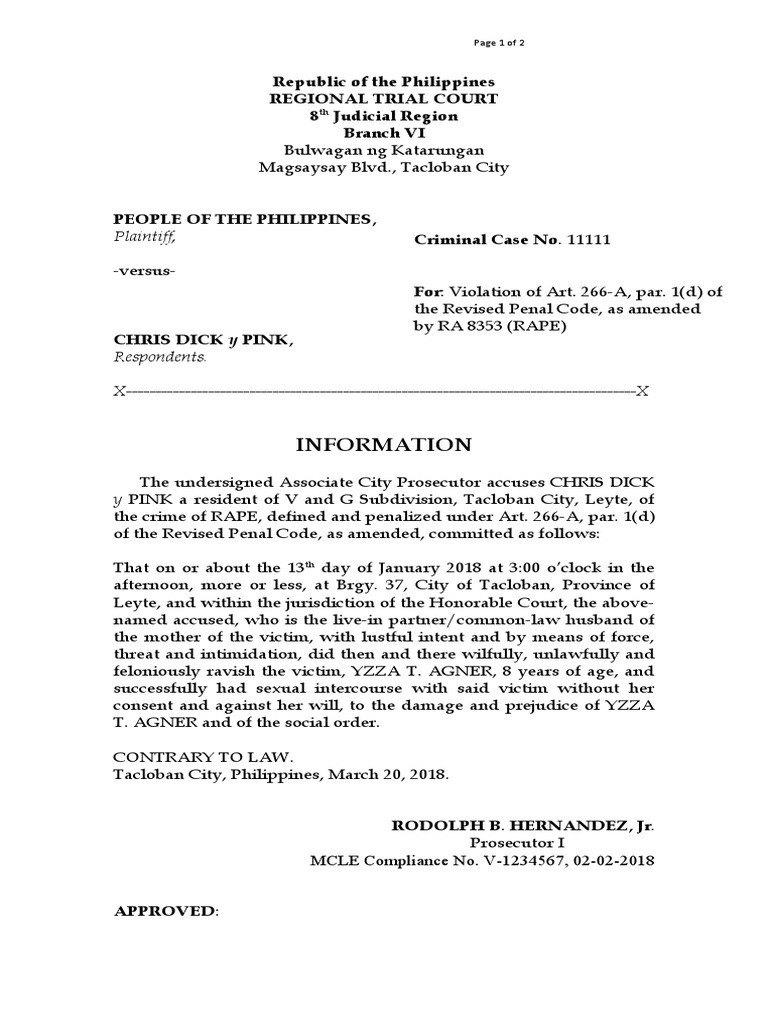 Sample Information For Rape | PDF | Rape | Criminal Law