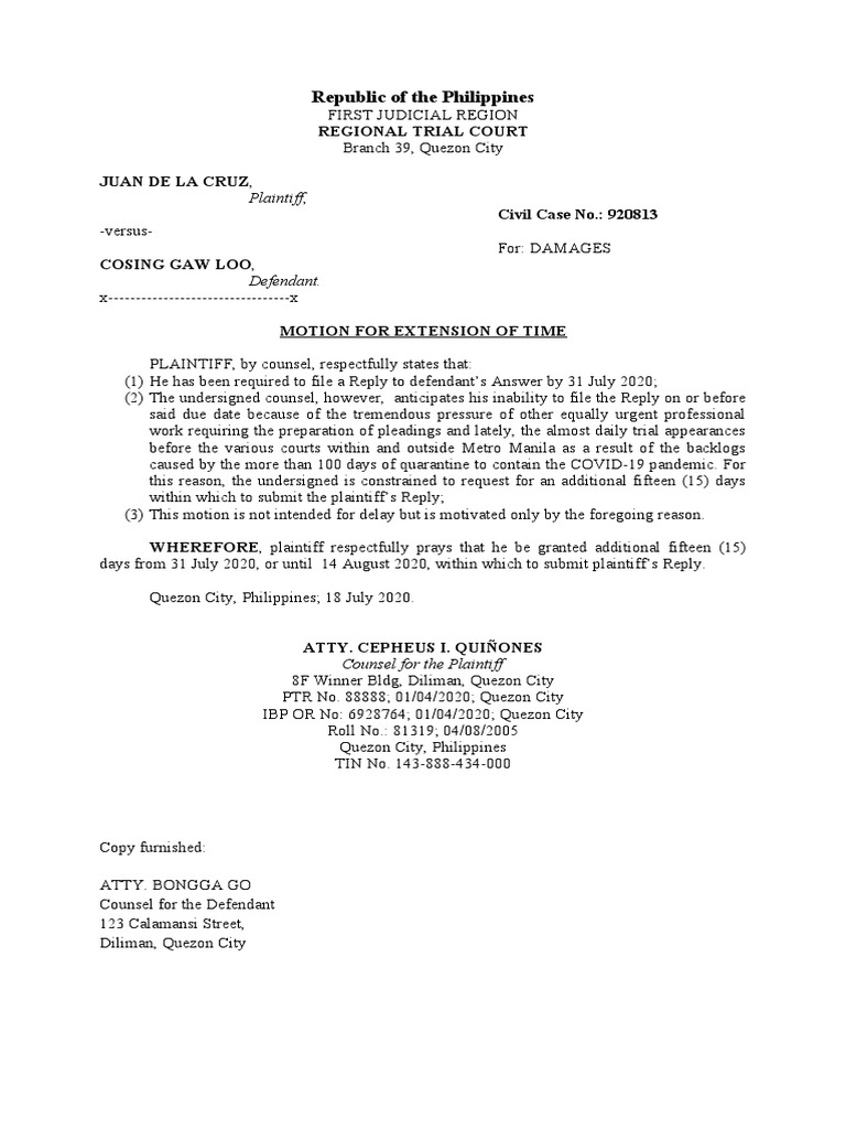 Sample Motion For Extension of Time | PDF