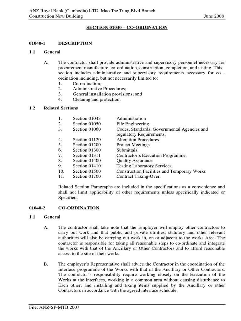 Section 01040 - Co-Ordination | PDF | General Contractor | Specification (Technical Standard)