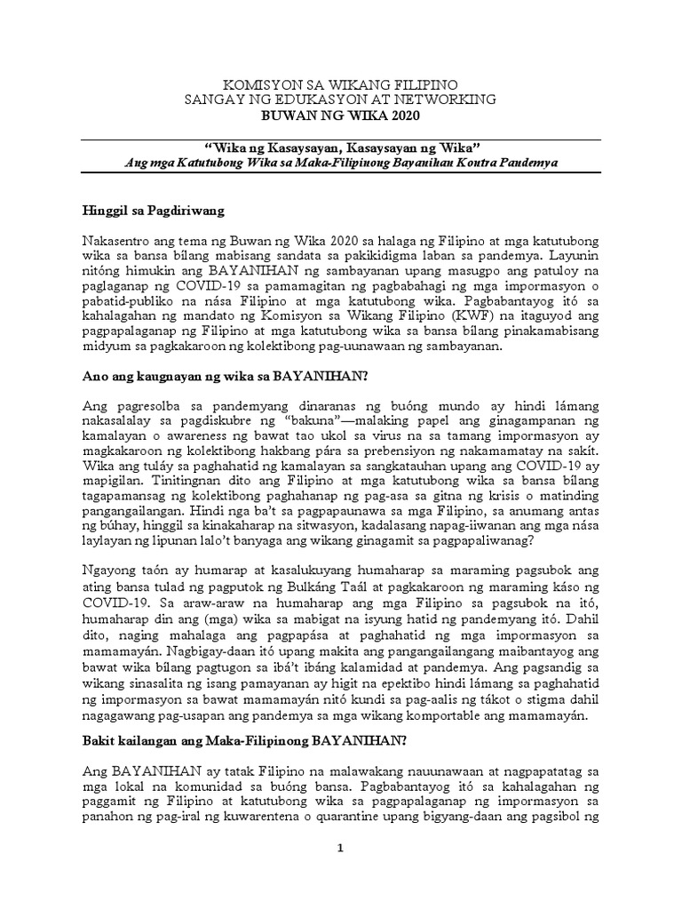 Komisyon Sa Wikang Filipino - Paliwanag Sa Tema NG Buwan NG Wika 2020 | PDF