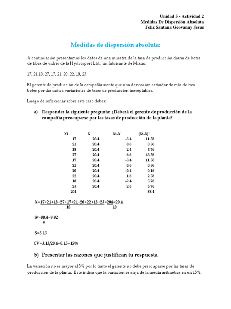 Unidad 5 Actividad 2 Medidas de Dispersi N Absoluta Feliz Santana Geovanny Jesus PDF | PDF