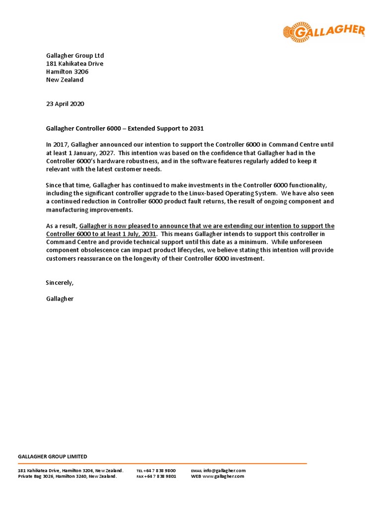 Gallagher Controller 6000 - Support Extension Statement | PDF