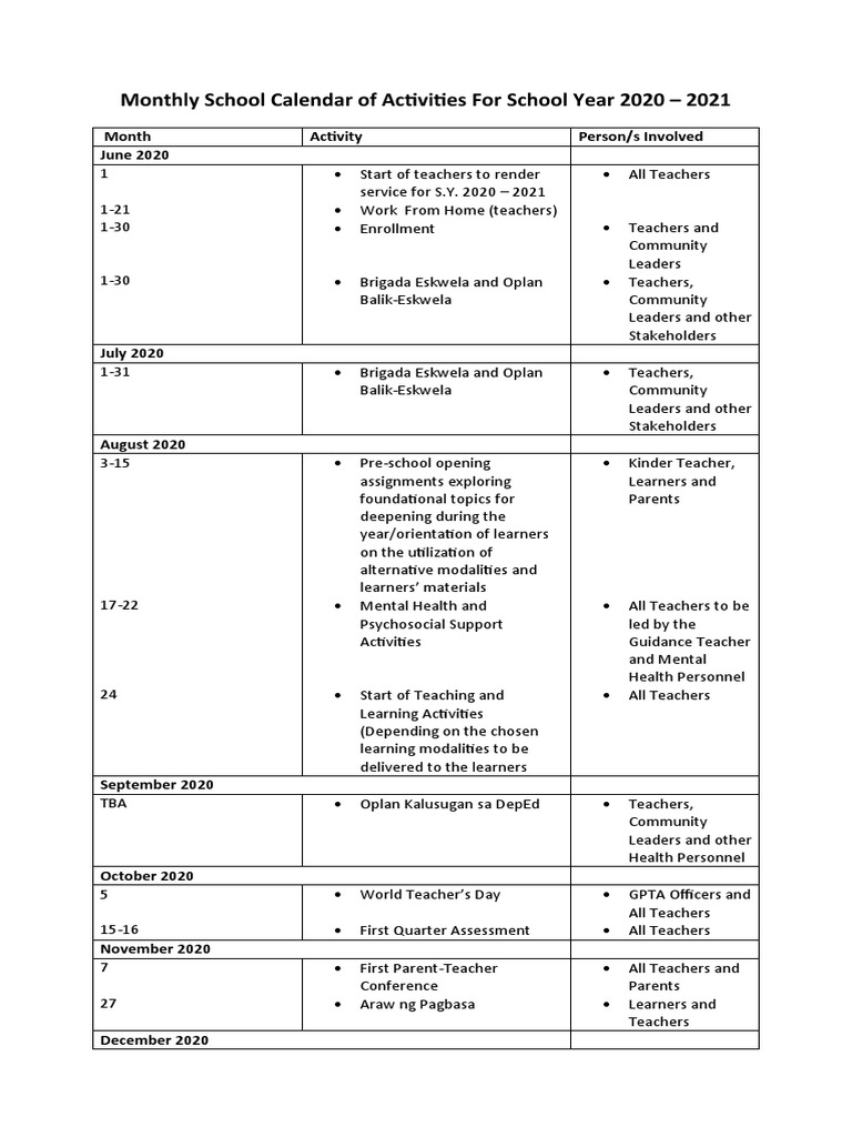 Monthly School Calendar of Activities For School Year 2020 - 2021 | PDF ...
