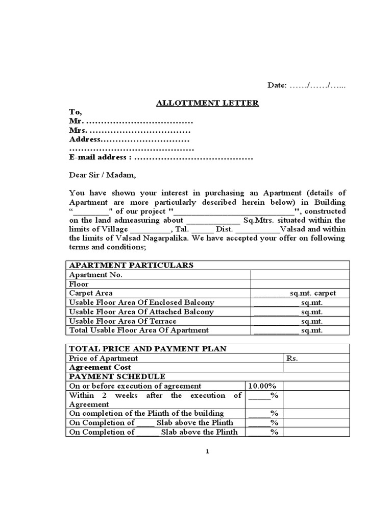 Allottment Letter To, Mr. Mrs. . Address E-Mail Address | PDF ...