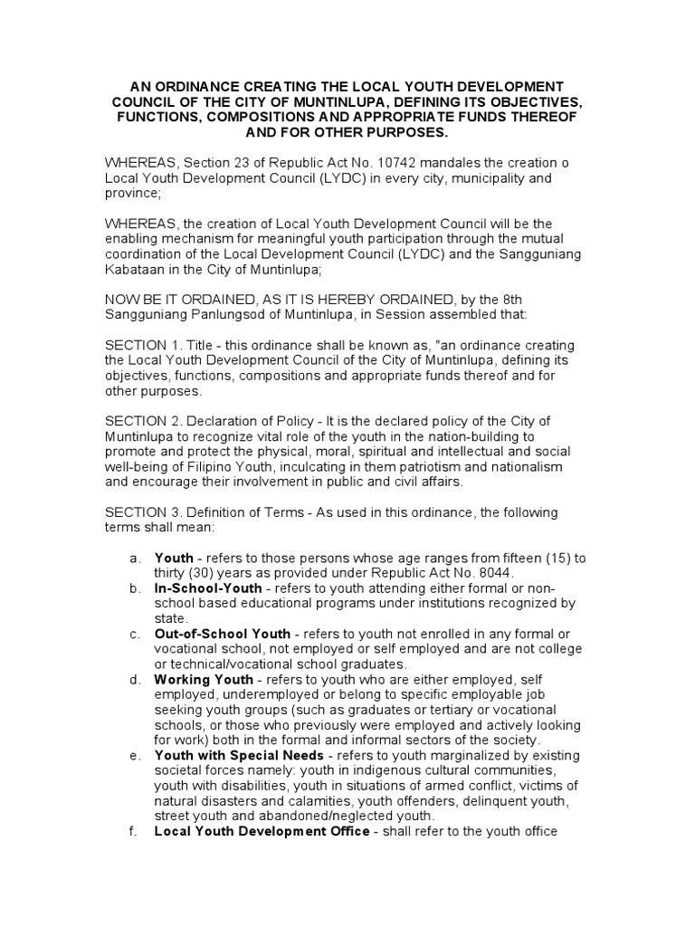 AN ORDINANCE CREATING THE LOCAL YOUTH DEVELOPMENT Council | PDF | Local ...