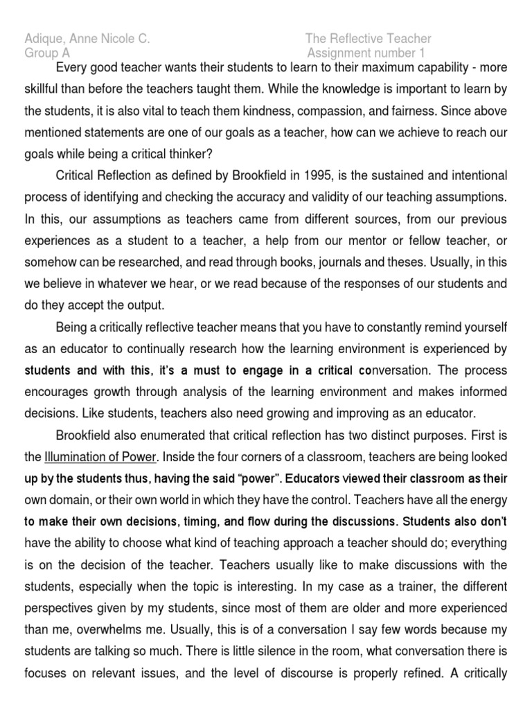 Critical Reflection - Brookfield | PDF | Mentorship | Teachers