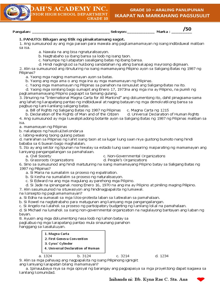 4th Periodical Exam-G10 | PDF