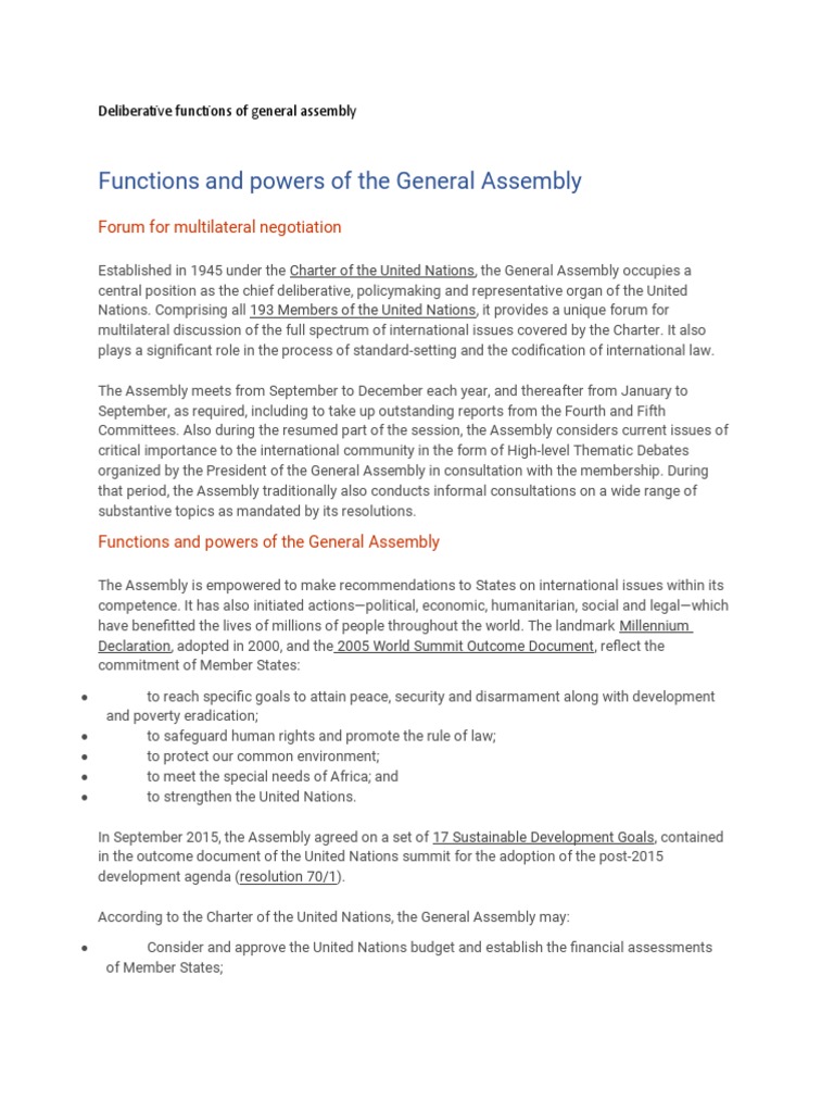 Functions and Powers of The General Assembly: Forum For Multilateral ...