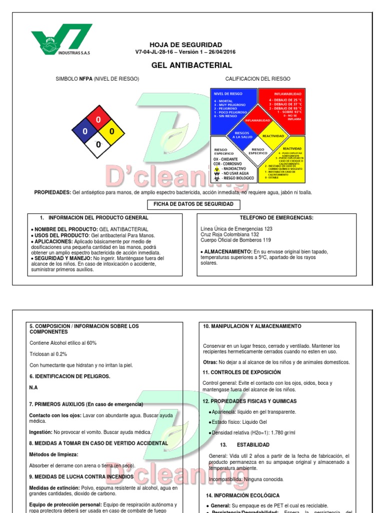 Hoja de Seguridad Gel Antibacterial PDF | PDF | Agua | Química