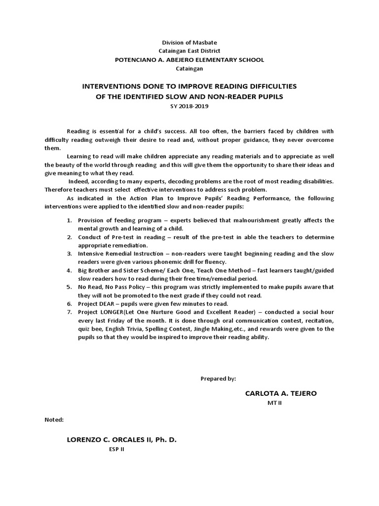 Interventions Done To Improve Reading Difficulties of The Identified ...