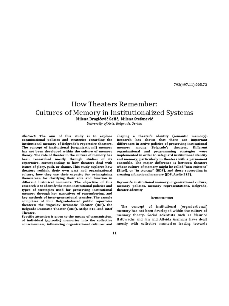 How Theaters Remember: Cultures of Memory in Institutionalized Systems ...