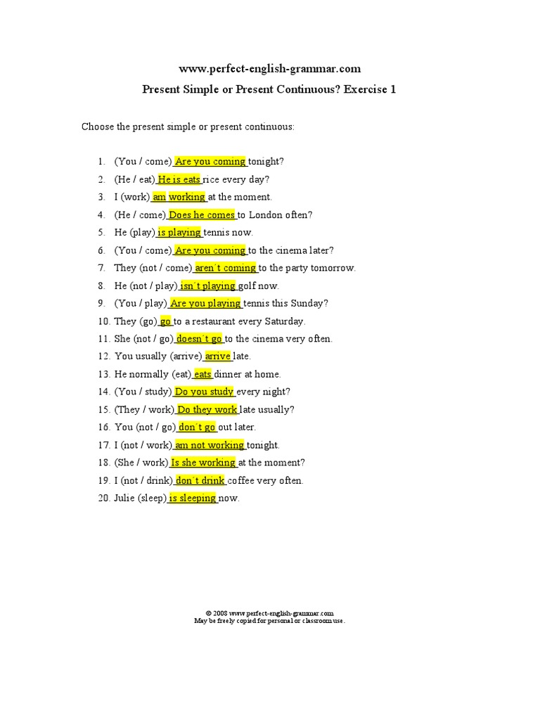 Present Simple or Present Continuous? Exercise 1: May Be Freely Copied ...