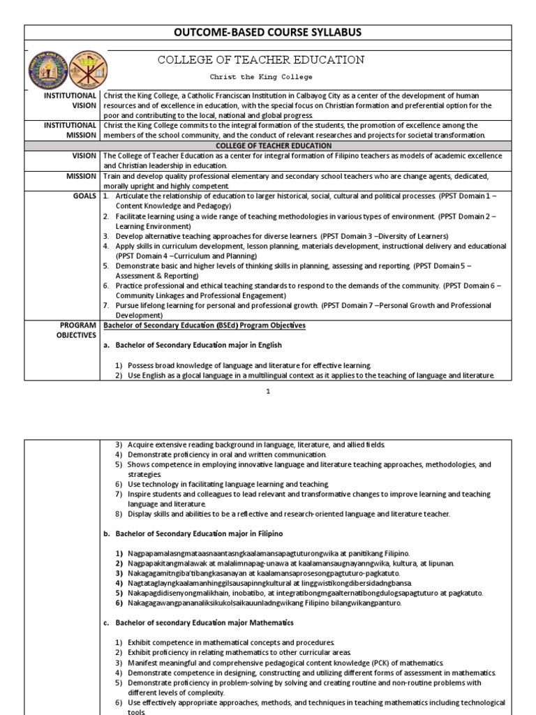 College of Teacher Education: Outcome-Based Course Syllabus | PDF ...