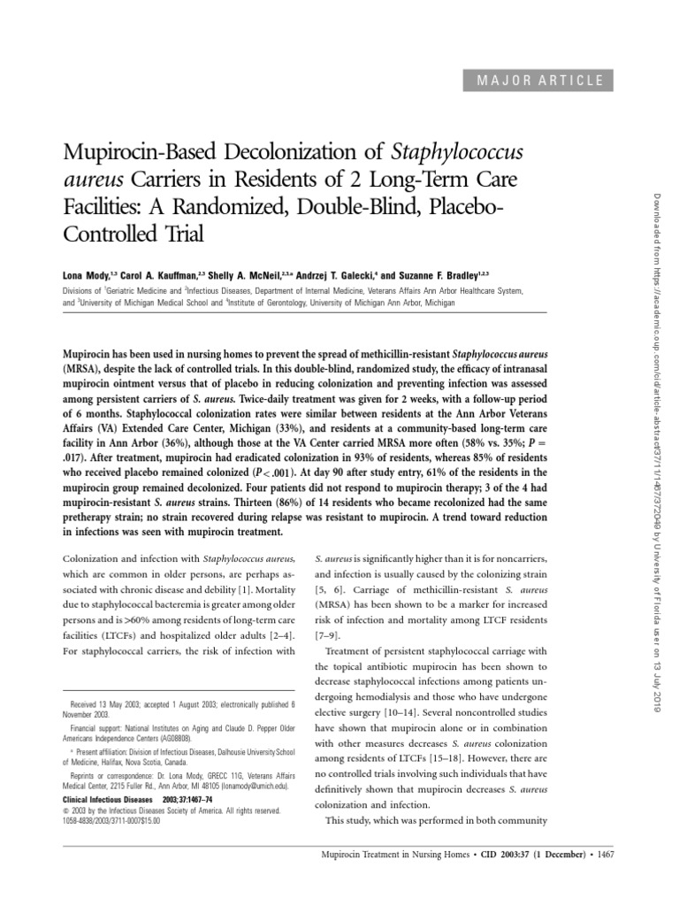 Mupirocin-Based Decolonization of Staphylococcus Facilities: A ...