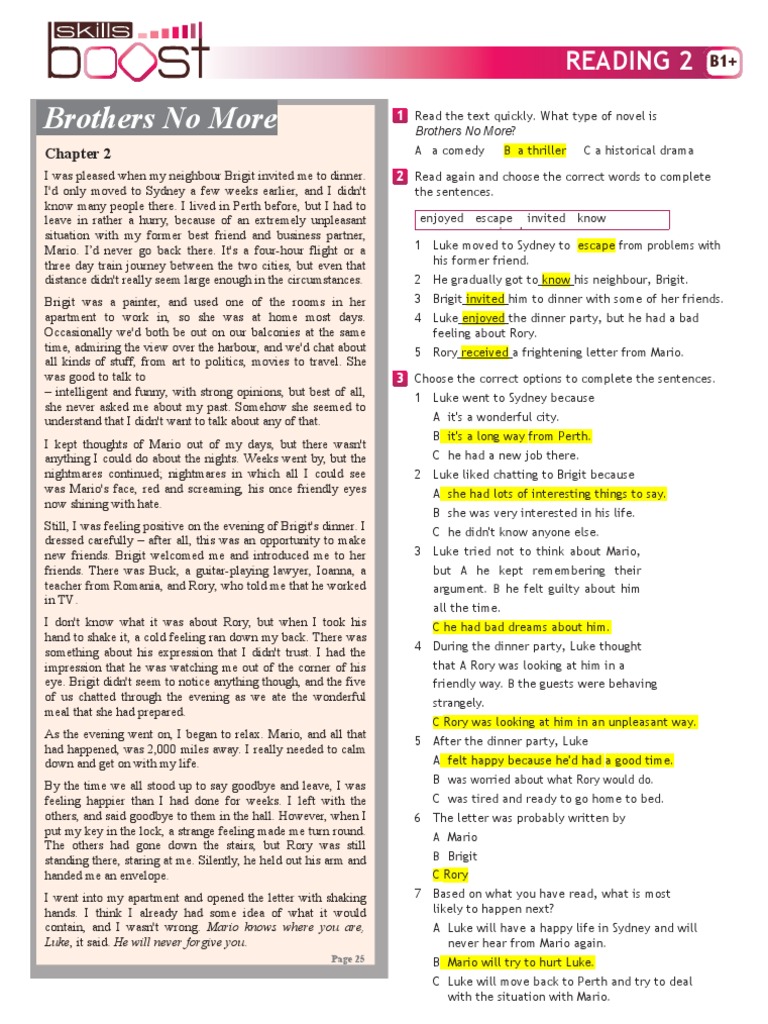 Reading Worksheet About Narrative Tenses Brothers No More (Answer Key 2 ...