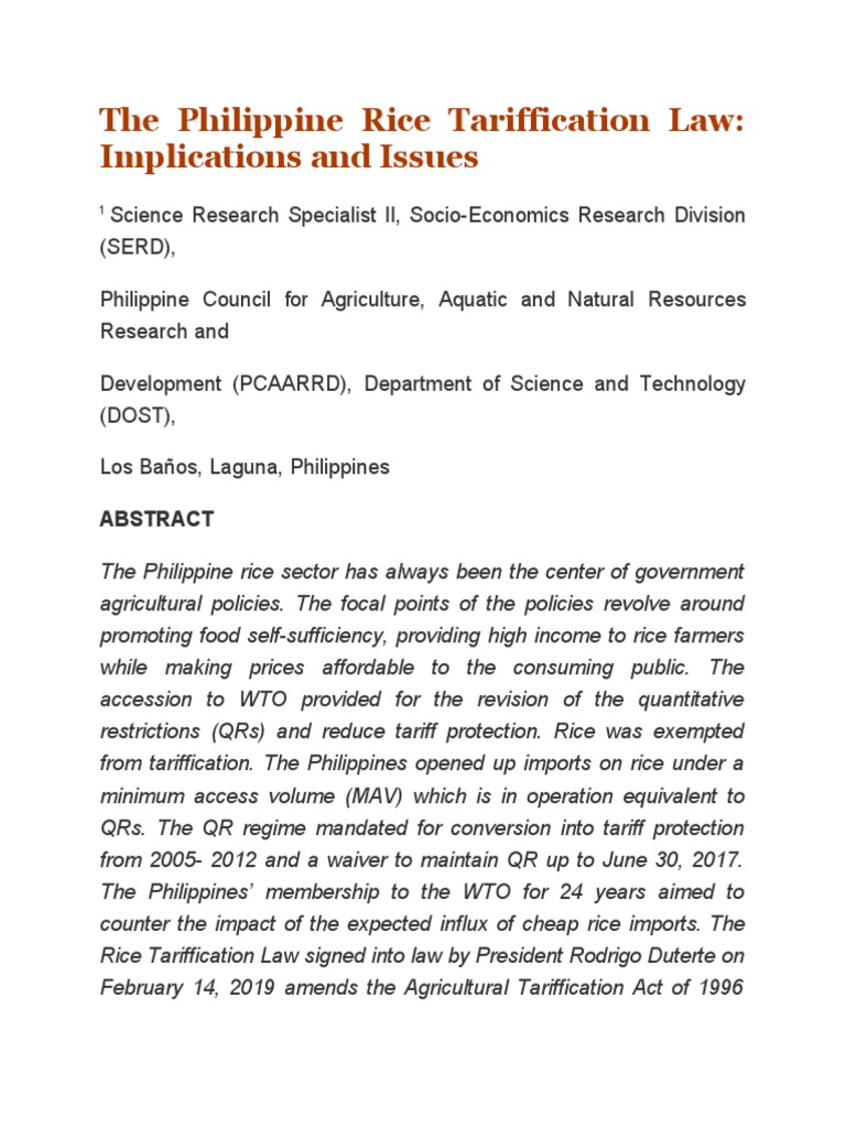 The Philippine Rice Tariffication Law: Implications and Issues | Rice | Tariff