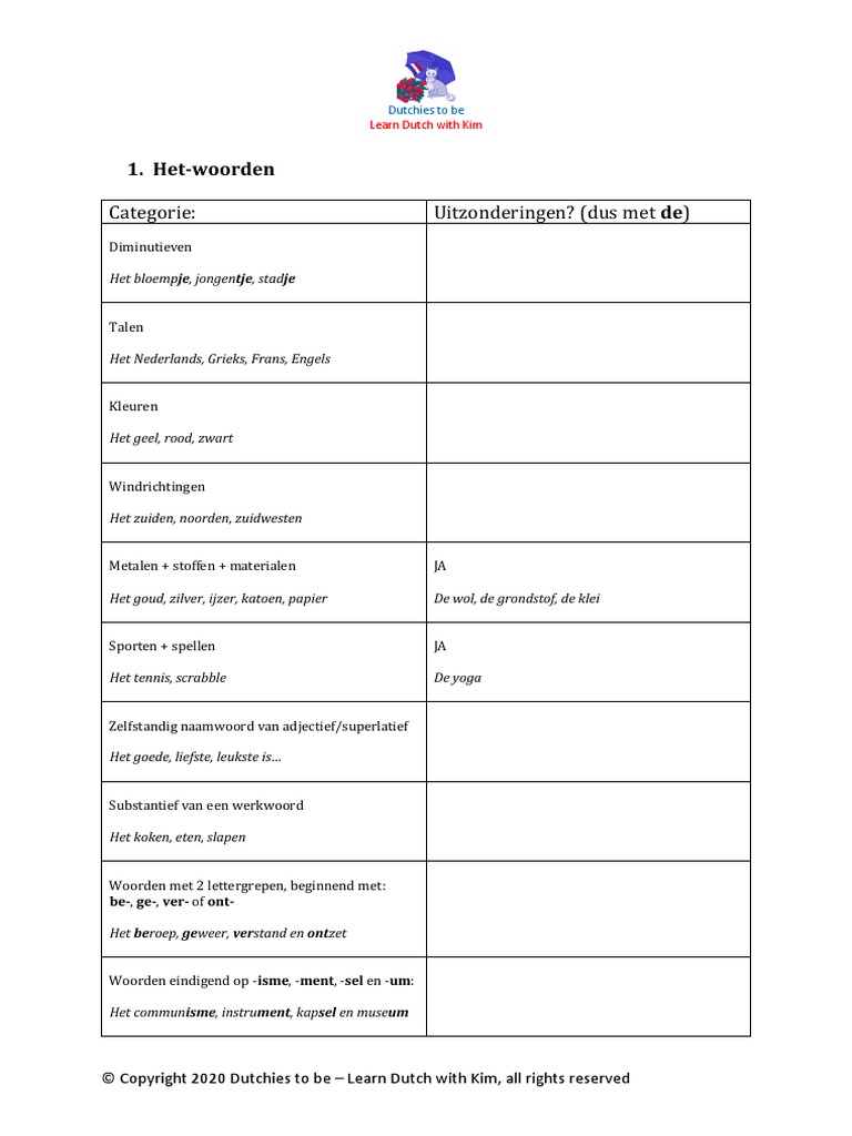 De & Het Tabel NL | PDF