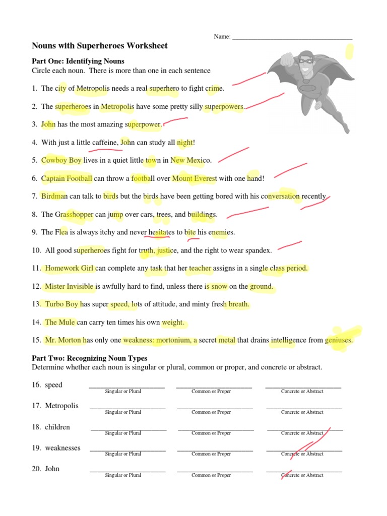 Nouns with Superheroes Worksheet | PDF | Young Adult
