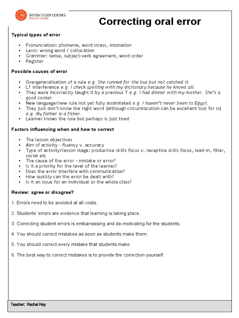 ELT Correcting Oral Errors | PDF | Error | Question
