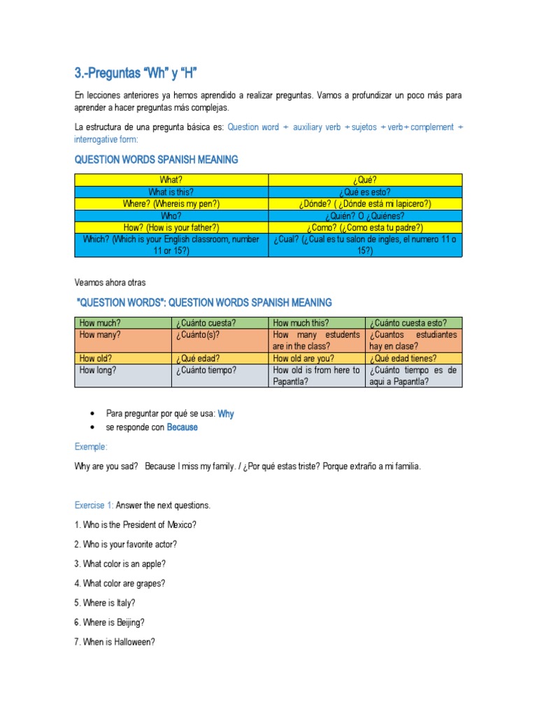 3.-Preguntas "WH" y "H": Question Words Spanish Meaning | PDF
