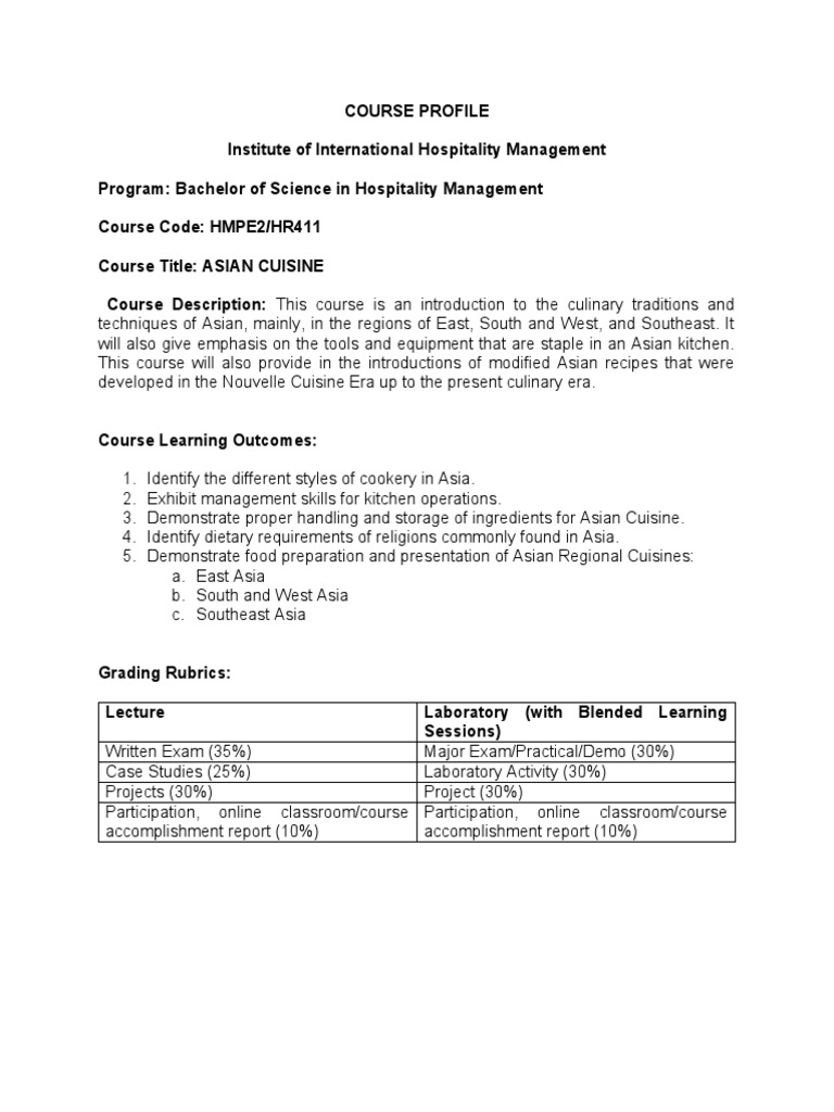 Asian Cuisine Course Profile | PDF | Recipe | Cuisine