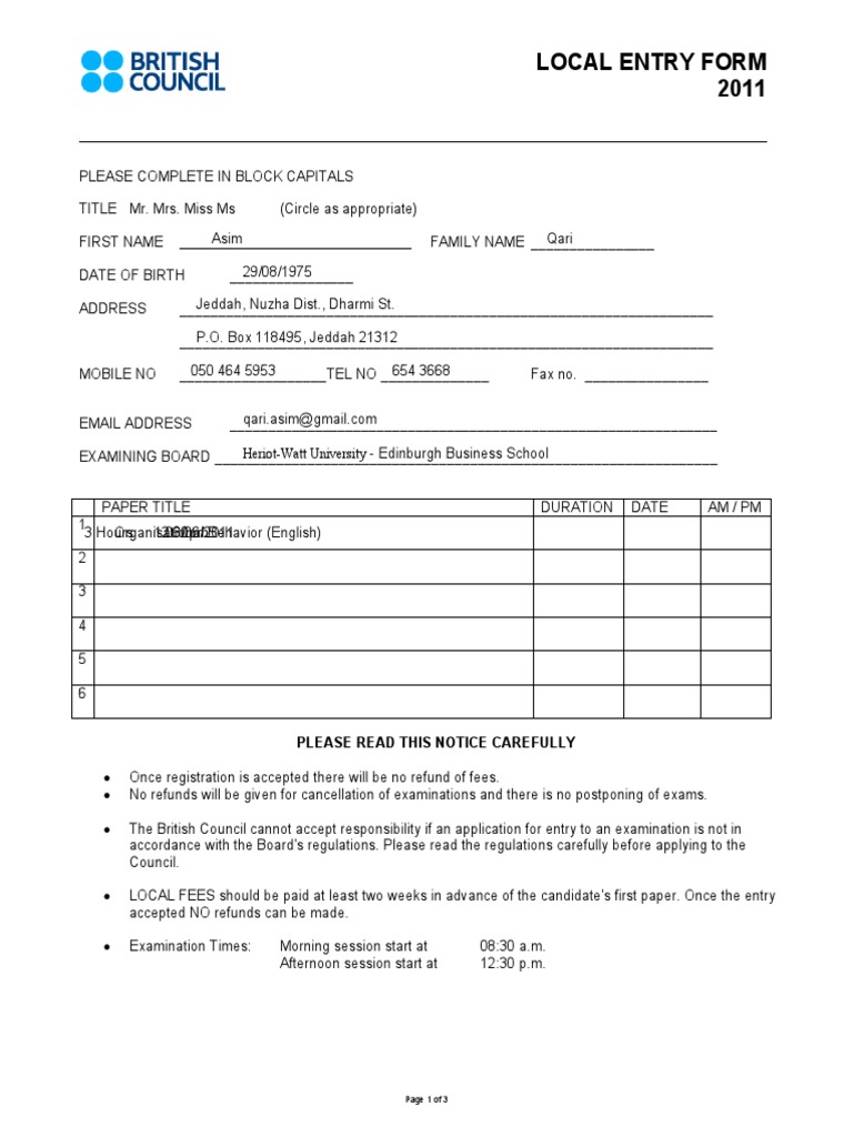 Local Entry Form 2011: Heriot-Watt University | PDF | Business