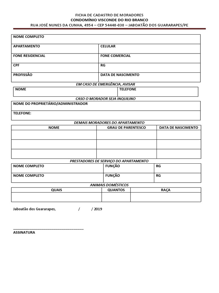Ficha de Cadastro de Moradores | PDF