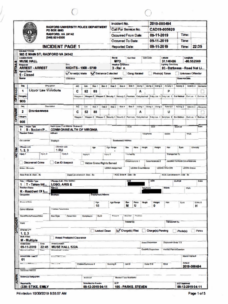 Radford University Police Incident Report | PDF