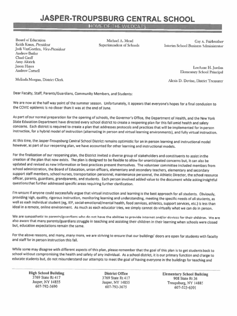 Jasper Troupsburg School District Re-Opening Plan | PDF