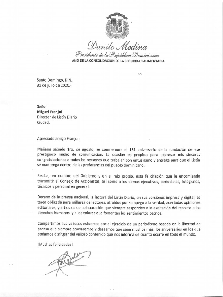 Carta de felicitación del presidente Danilo Medina con motivo del 131 ...