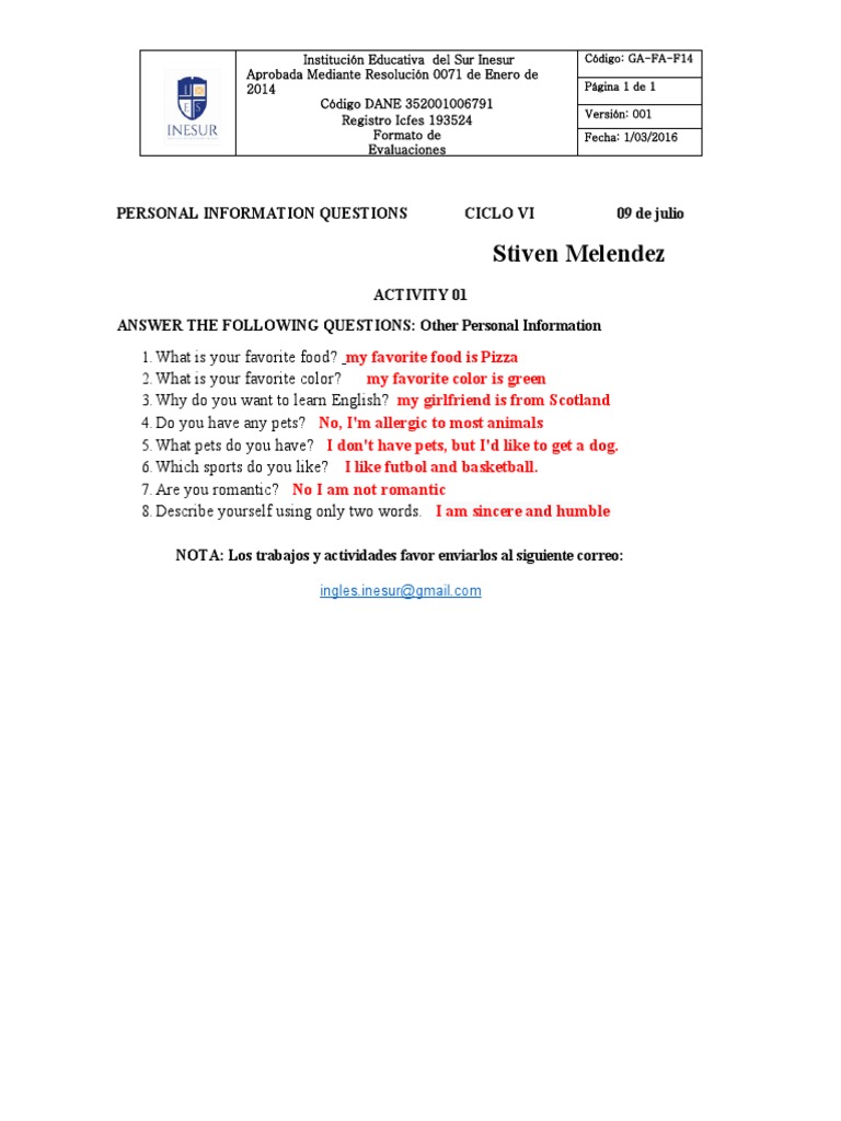 Personal Information and English Exercises | PDF