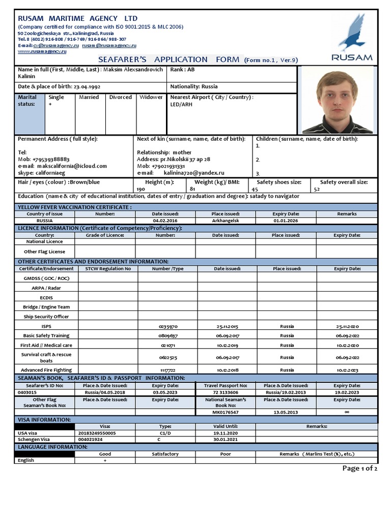 Seafarer'S Application Form: Rusam Maritime Agency LTD | PDF | Sailor ...