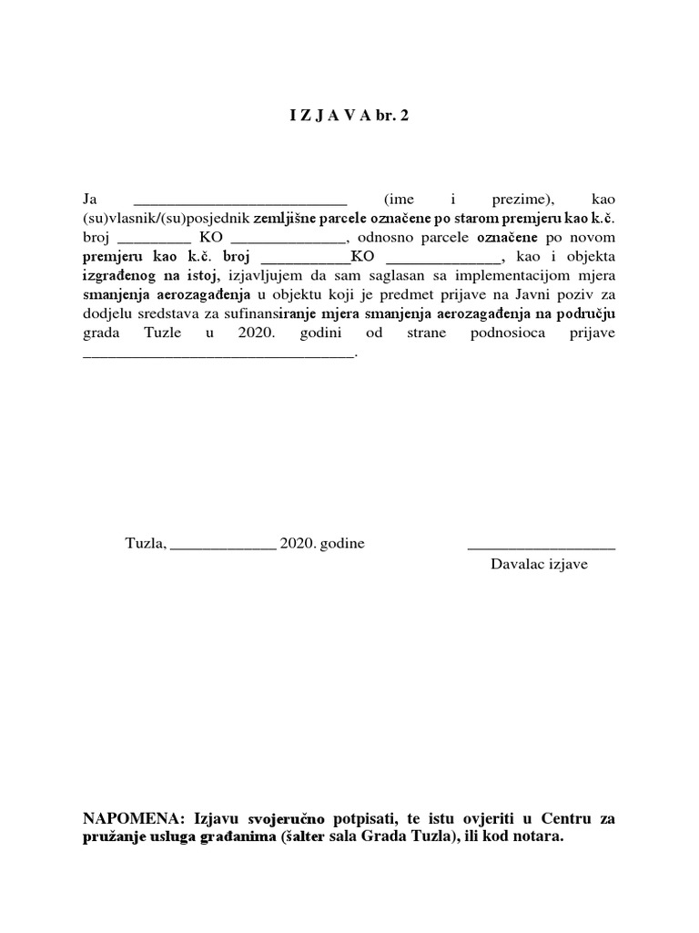 Prilog Izjava Broj 2 PDF | PDF