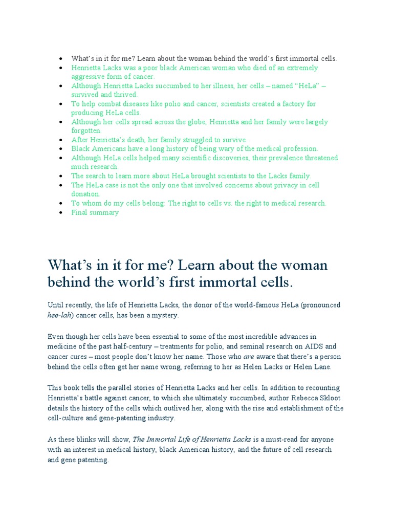 The Immortal Life of Henrietta Lacks How One Woman's Cells Changed ...