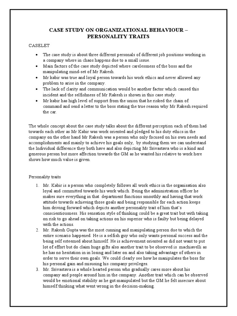 Case Study On Organizational Behaviour - Personality Traits | Download ...