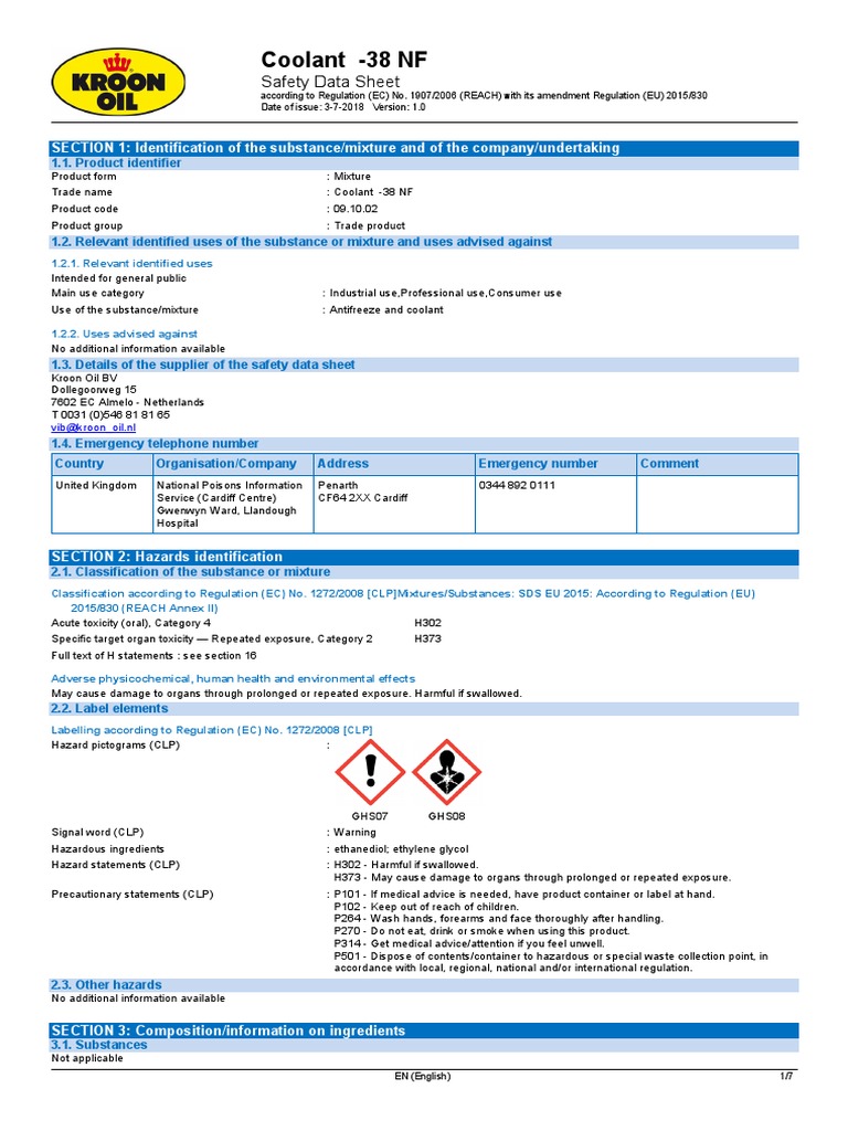 Coolant - 38 NF: Safety Data Sheet | PDF | Dangerous Goods | Toxicity