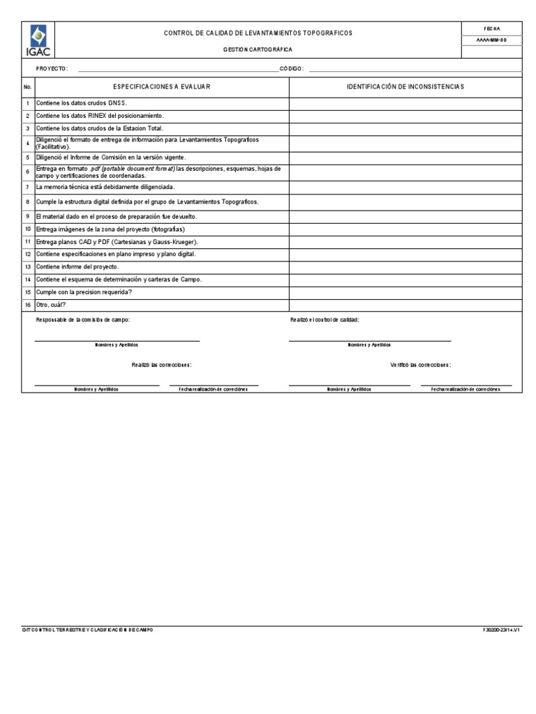 Formato de Control de Calidad de Levantamientos Topograficos Igac | PDF | Informática ...