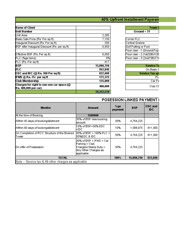 40% Upfront Installment Payment Plan: Note:-Service Tax & All Other ...