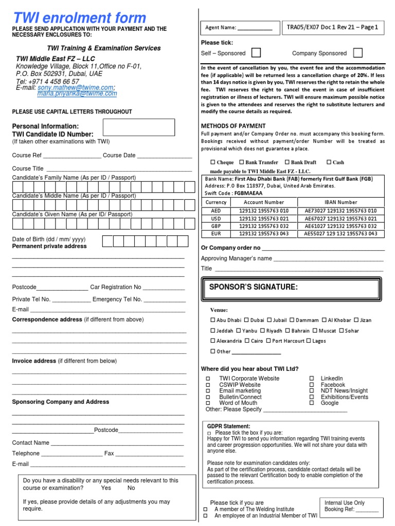 TWI Enrolment Form | PDF | Nondestructive Testing | United Arab Emirates