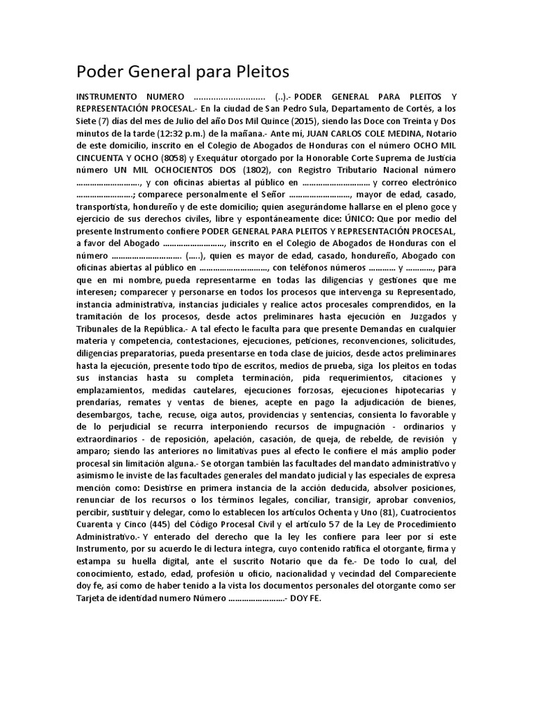 Poder General para Pleitos (CLASE) | PDF | Honduras | Ley procesal