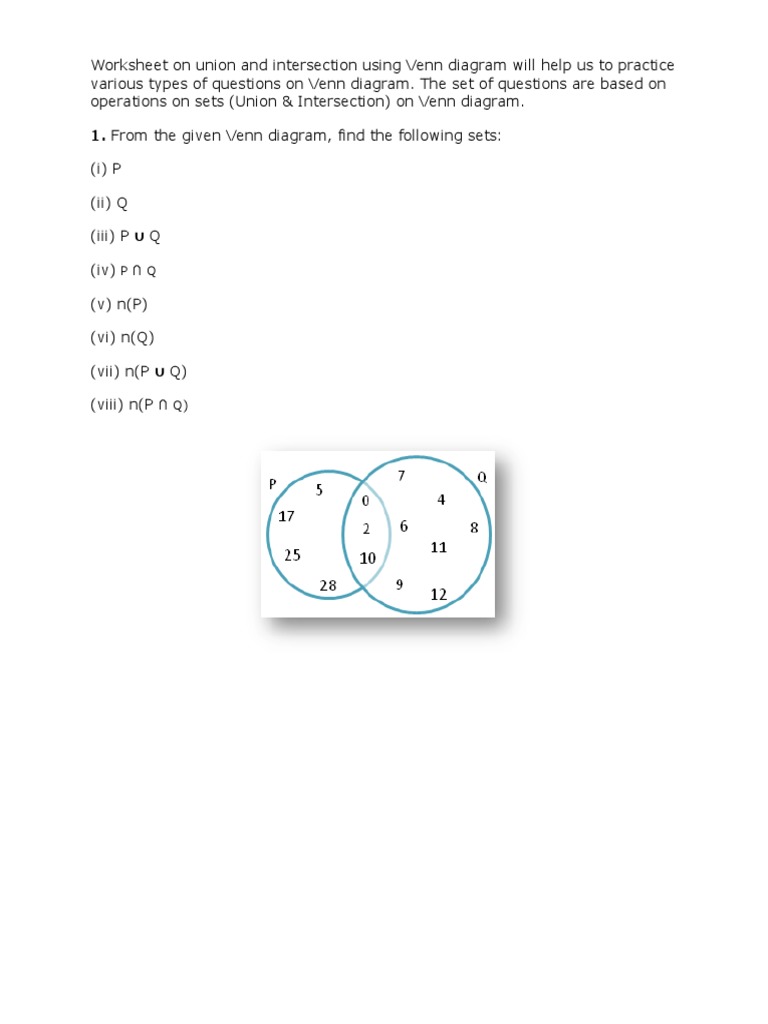 Venn Diagram Union and Intersection Worksheet | PDF | Teaching Methods ...