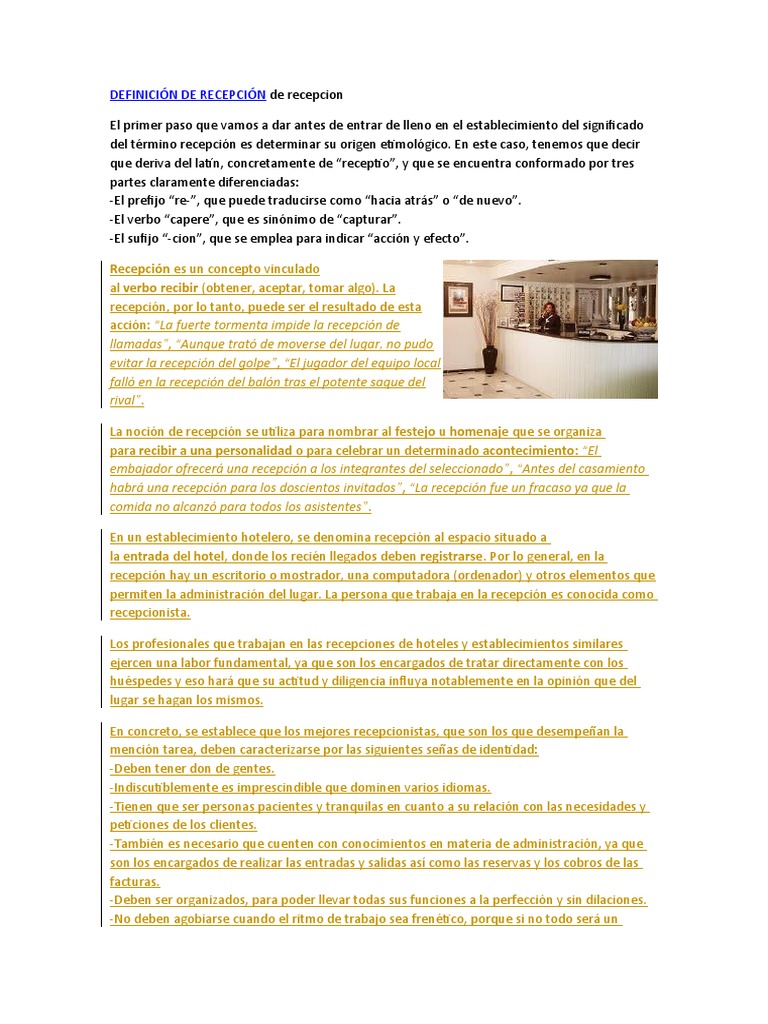 Definición de Recepción | PDF | Sector terciario de la economía | Ocio