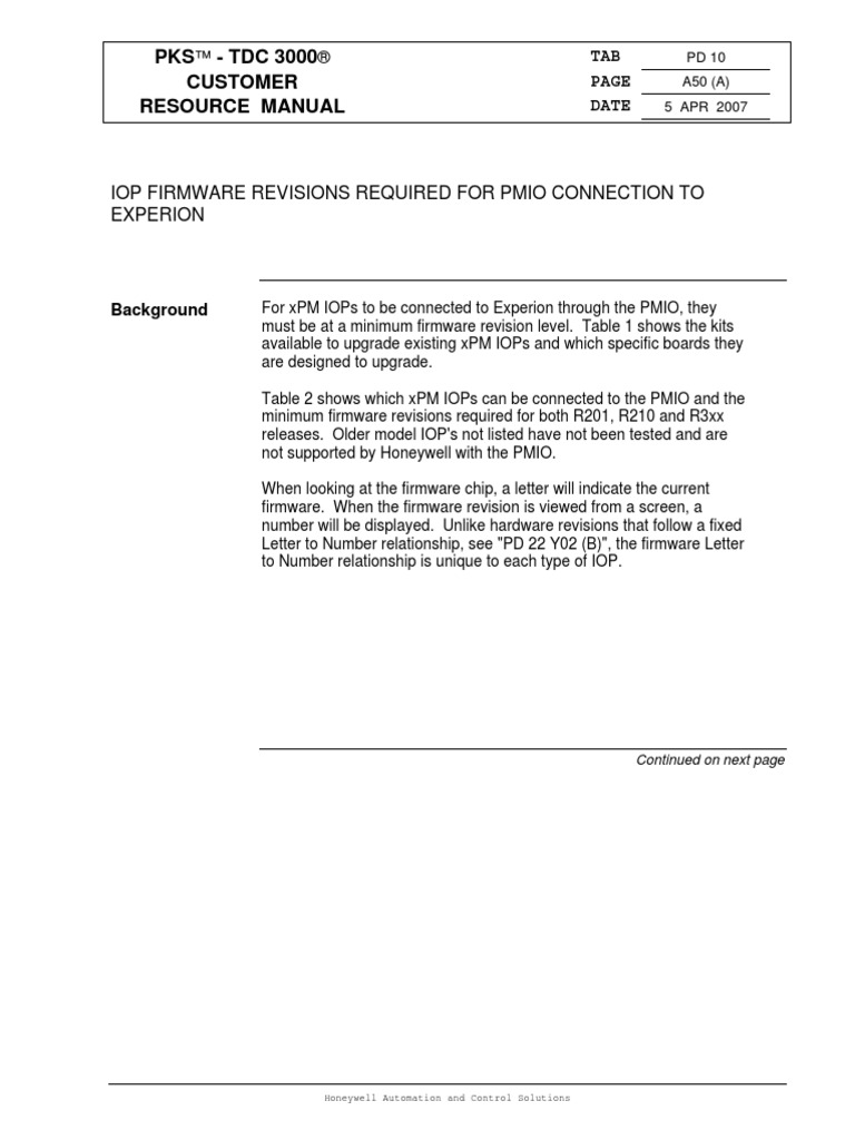 PKS - TDC 3000 Customer Resource Manual: Iop Firmware Revisions ...