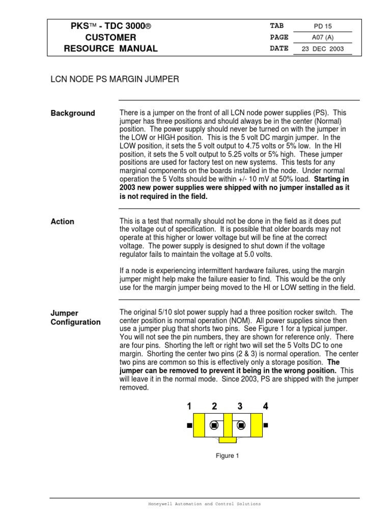 PKS - TDC 3000 Customer Resource Manual: LCN Node Ps Margin Jumper ...