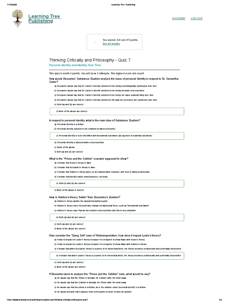Learning Tree Publishing: Thinking Critically and Philosophy - Quiz 7 ...