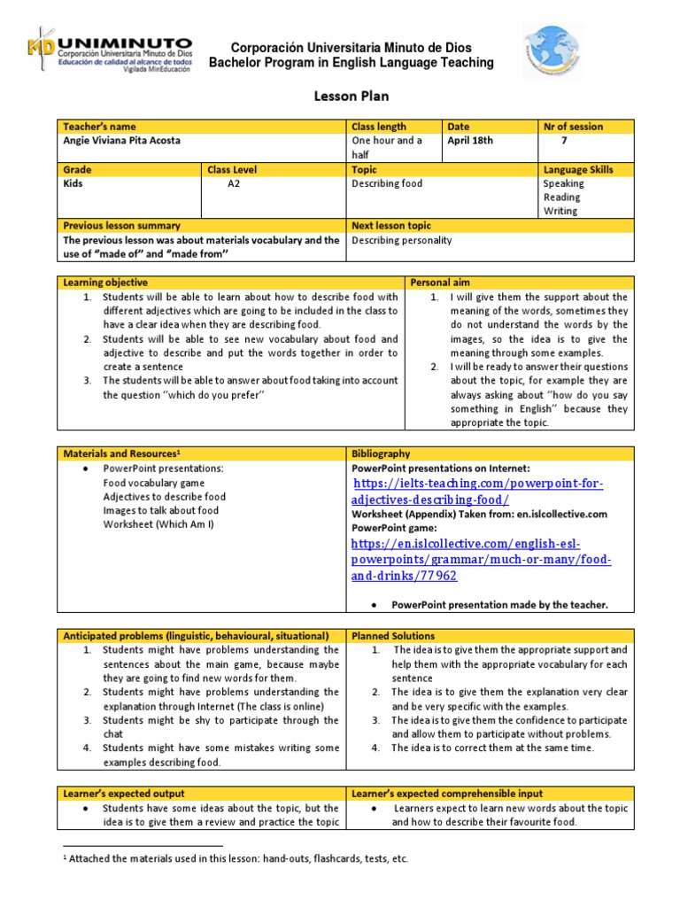 Lesson Plan Kids Describing Food | PDF | Vocabulary | Language Education