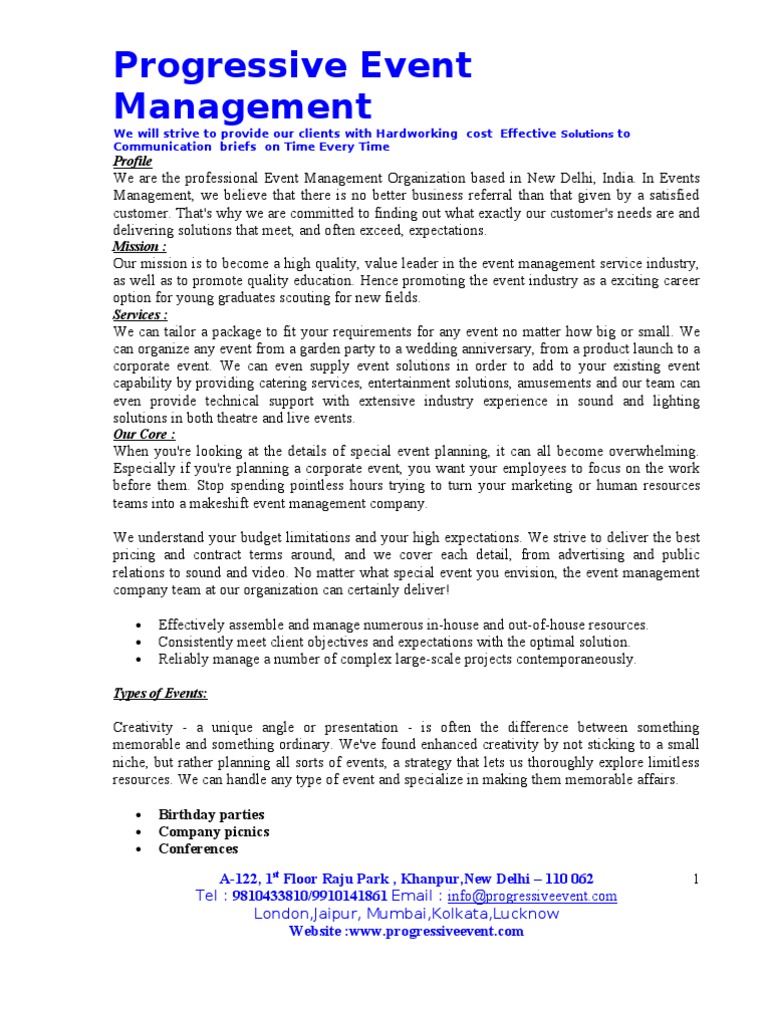 Progressive Event Management: Profile | PDF | Brand | Marketing